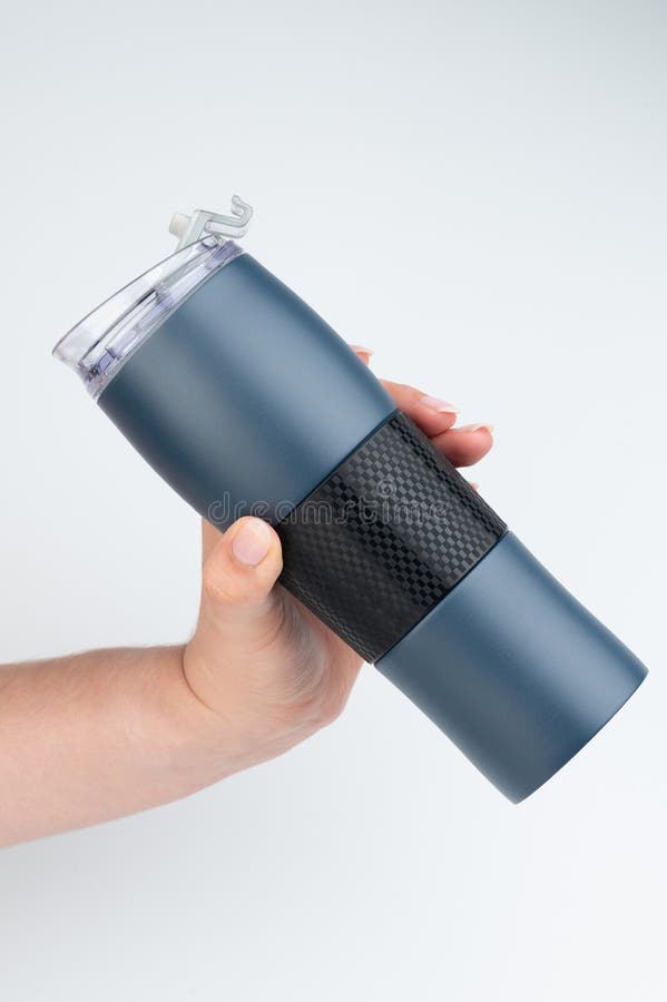 Drink from Reusable Blue Flask Stock Photo - Image of isolated, thermos ...