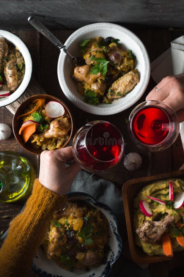 Drink, Rice with Chicken, Vegetables Salad on the Table Stock Image ...