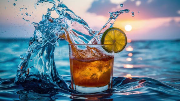 A Drink Splashing into the Ocean with a Lime Wedge, AI Stock Image ...