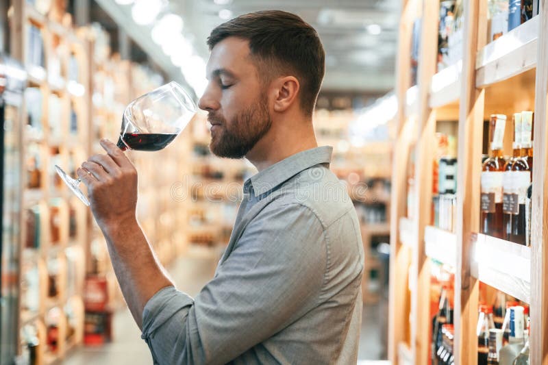 Drink Tasting. Man is Choosing Wine in the Store Stock Illustration ...