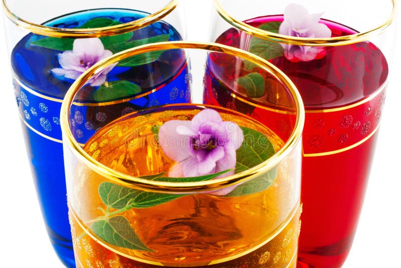Drink Three Colors and Flowers, Red, Yellow, Blue Stock Photo - Image ...