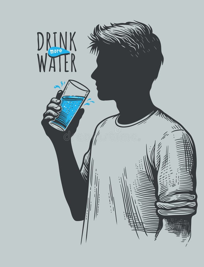 Drink Water. Hand Drawn Vector Illustration of a Man Drinking Water ...