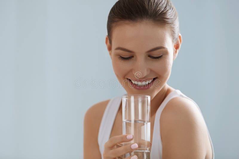 Drink Water Smiling Woman Holding Fresh Pure Water In Glass Stock