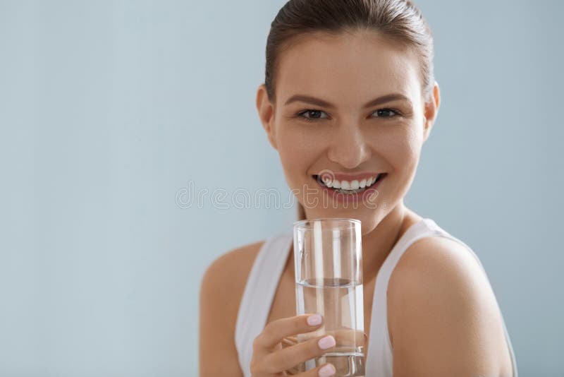 Drink Water Smiling Woman Holding Fresh Pure Water In Glass Stock