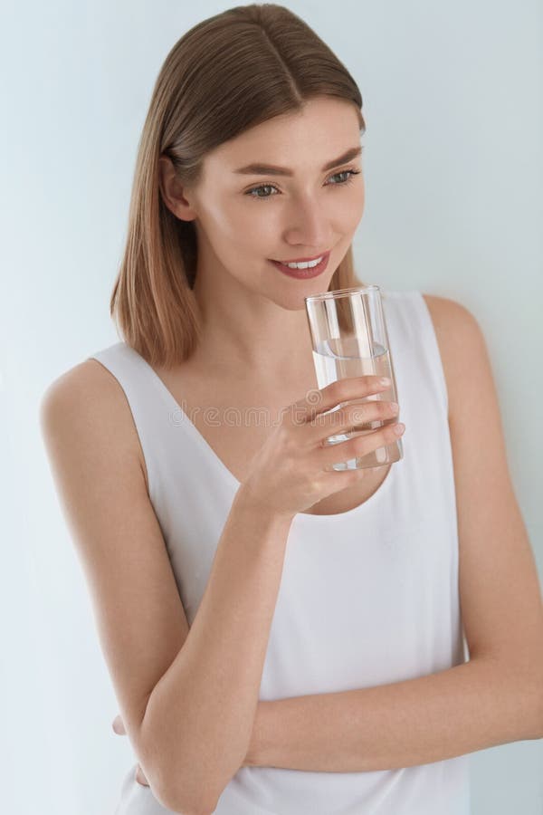 Drink Water Smiling Woman Drinking Water From Glass Portrait Stock