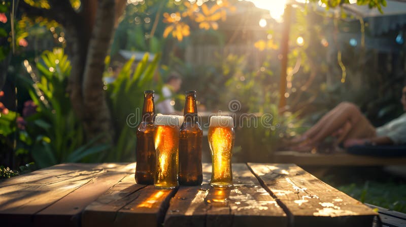 Drinking Beers at Sunset in Garden. Generative by AI Stock Illustration ...
