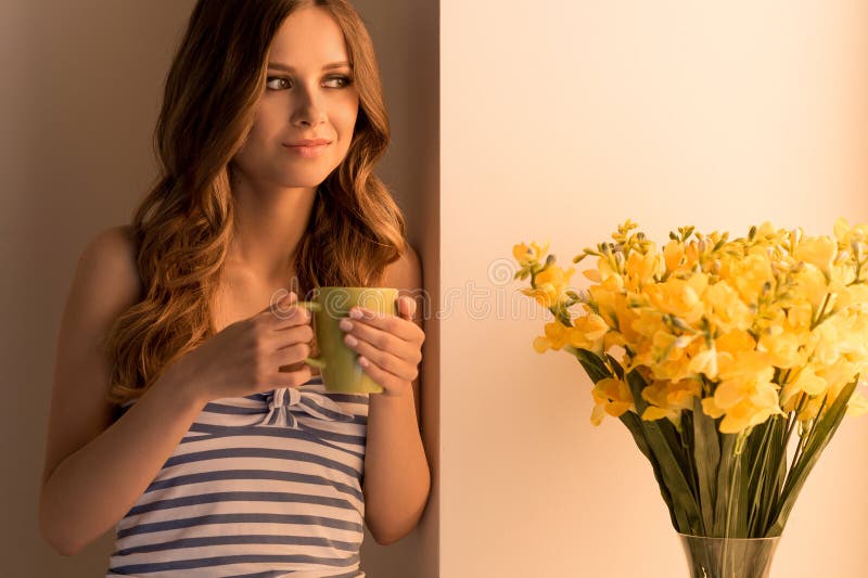 Drinking Coffee at Sunday Morning. Cheerful Mature Man Sitting O Stock ...
