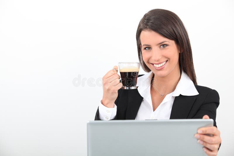 Drinking Coffee at Her Laptop Stock Image - Image of caucasian, coffee ...