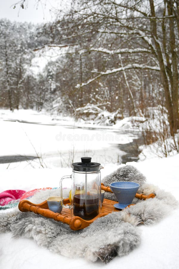 Drinking Coffee or Tea on the Snow in Winter with Cups Stock Photo ...