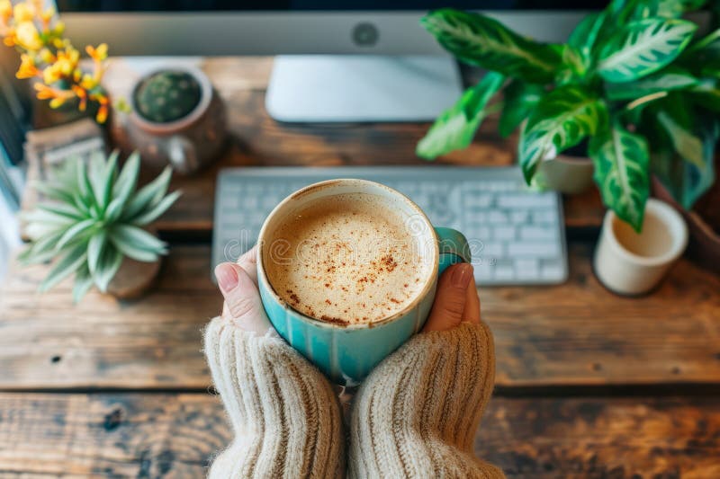 Drinking a Cup of Coffee or Tea while Working on a Pc or Tablet Stock ...