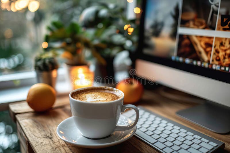 Drinking a Cup of Coffee or Tea while Working on a Pc or Tablet Stock ...