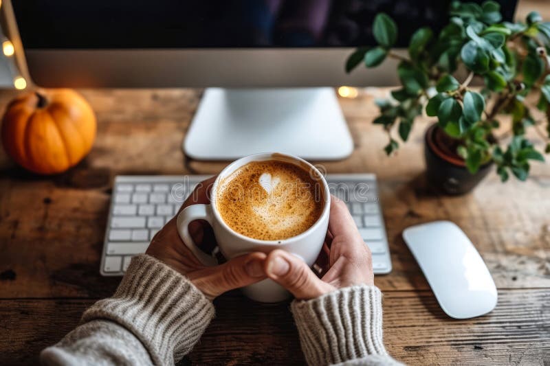 Drinking a Cup of Coffee or Tea while Working on a Pc or Tablet Stock ...