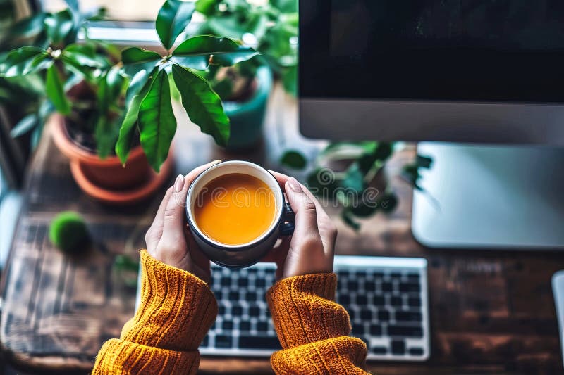 Drinking a Cup of Coffee or Tea while Working on a Pc or Tablet Stock ...