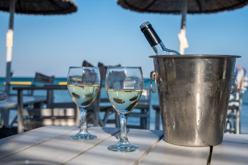 Drinking of Cold White Wine in Beach Bar, Summer Holidays, Relax on ...