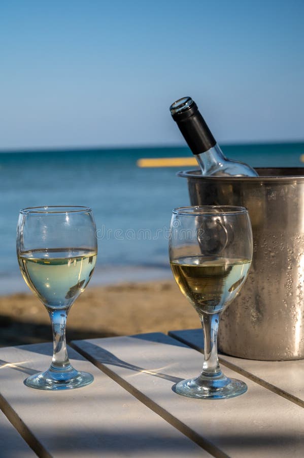 Drinking of Cold White Wine in Beach Bar, Summer Holidays, Relax on ...