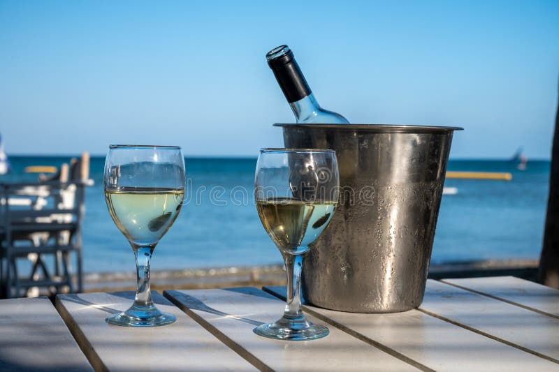 Drinking of Cold White Wine in Beach Bar, Summer Holidays, Relax on ...