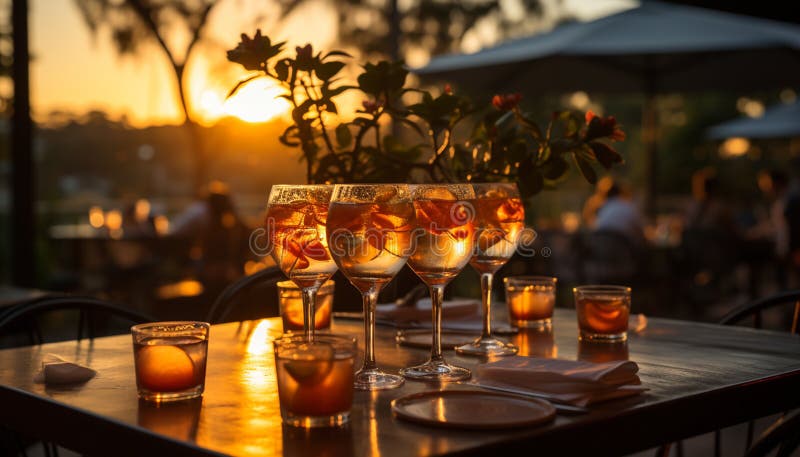 Drinking Glass on Table, Bar at Sunset, Outdoor Cocktail Celebration ...