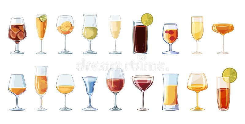 Drinking Glasses Set. Types of Alcoholic Drinks and Cocktails. Shapes ...