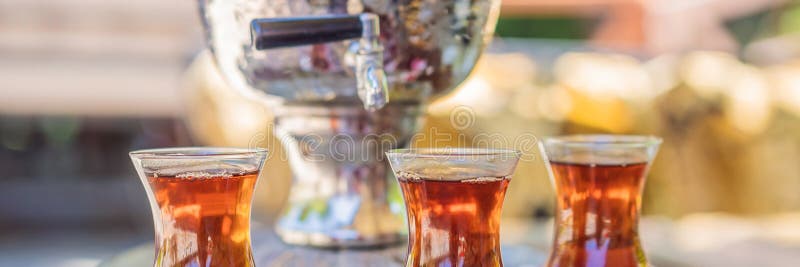 Drinking Traditional Turkish Tea with Turkish Tea Cup and Copper Tea ...