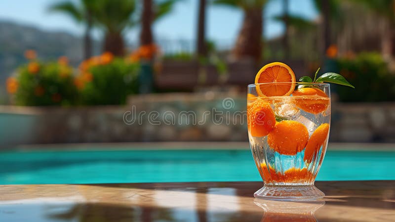 Drinking Water in Table Next To Swimming Pool. Generative Ai Stock ...