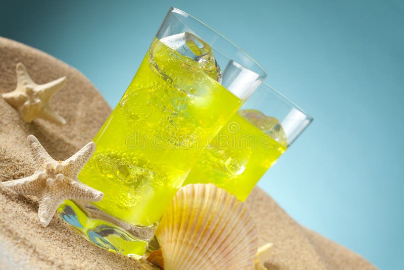 Drinks on the Beach and Blue Background Stock Photo - Image of cold ...