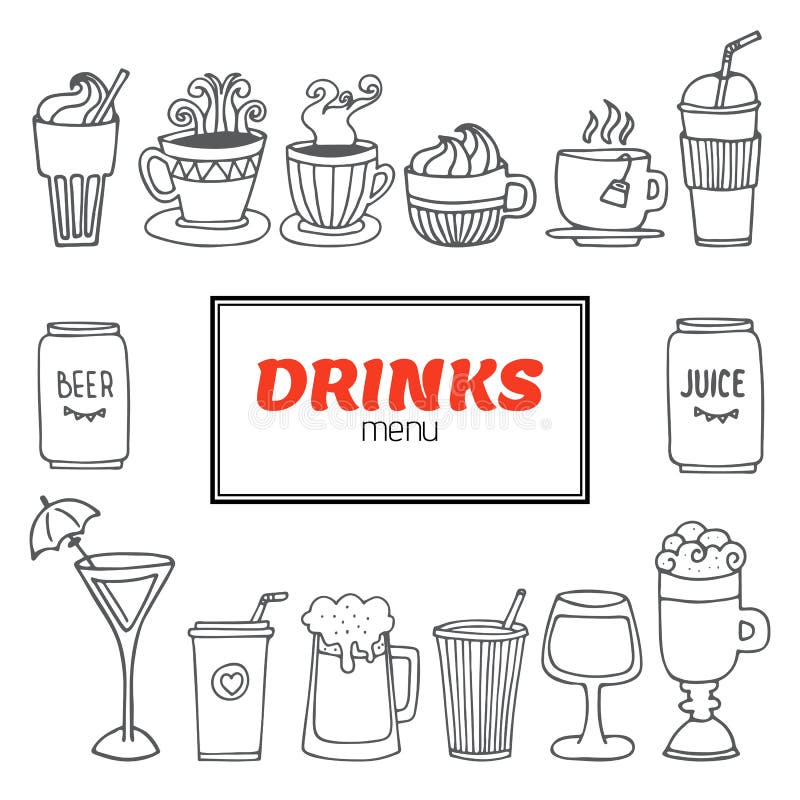 Drinks and Beverages Hand Drawn Vector Set. Drinks Menu Collection ...