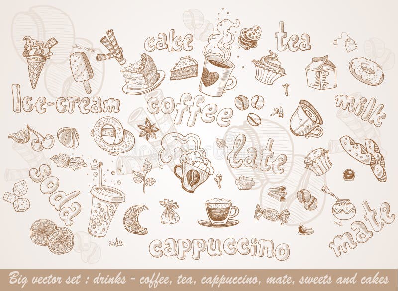 Drinks - Coffee, Tea, Cappuccino, Mate, Sweets and Stock Illustration ...