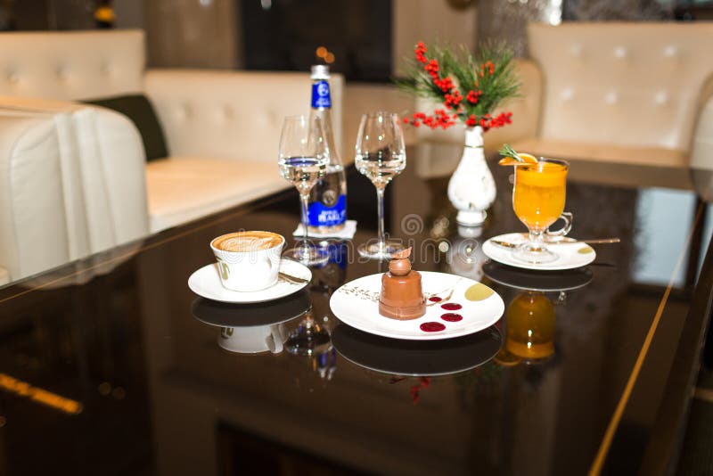 Drinks and Desserts on Table in Cafe Stock Image - Image of tableware ...