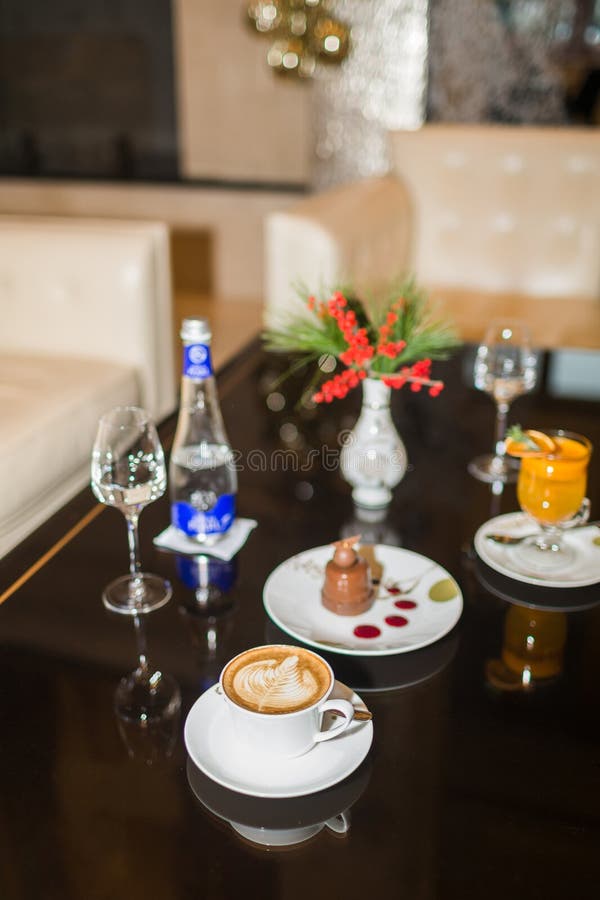 Drinks and Desserts on Table in Cafe Stock Image - Image of drinkware ...