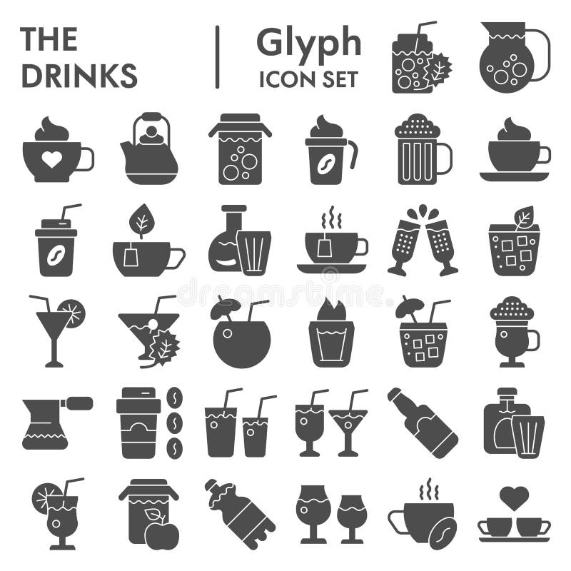 Drinks Glyph Icon Set, Beverage Symbols Collection, Vector Sketches ...