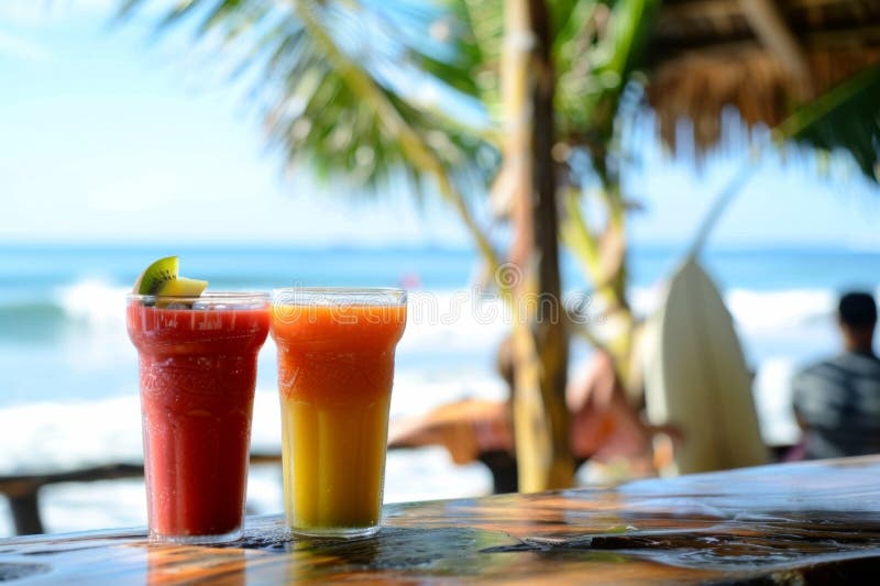 Drinks Red Russian Cocktail and Juice on Table by Ocean Stock Image ...