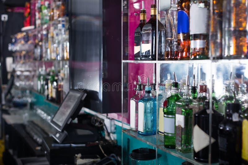 Drinks on the Showcase of the Bar Stock Image - Image of shelves ...