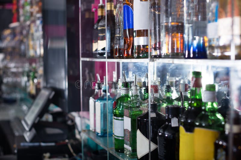 Drinks on the Showcase of the Bar Stock Image - Image of shot ...