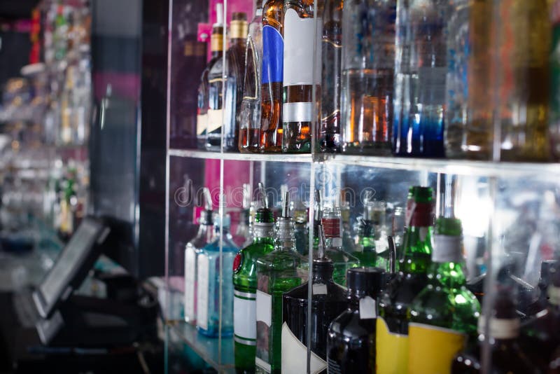 Drinks on the Showcase of the Bar Stock Image - Image of shot ...