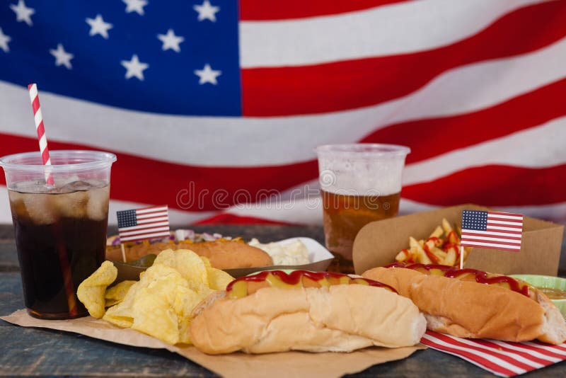 Drinks and Snacks Arranged on Wooden Table Stock Image - Image of ...