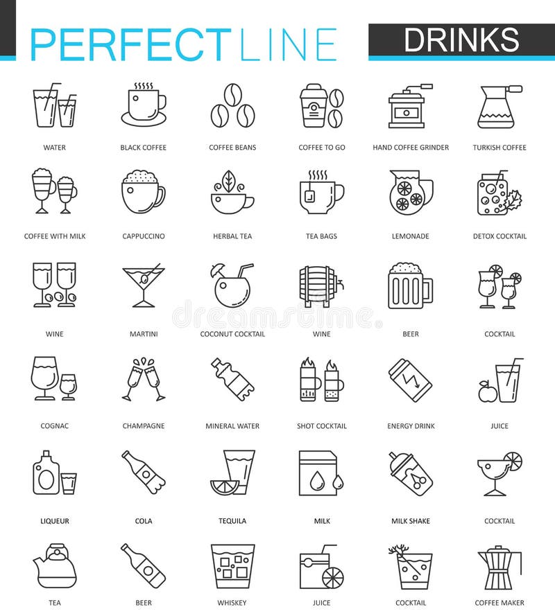 Drinks Thin Line Web Icons Set. Drink Outline Stroke Icon Design. Stock ...