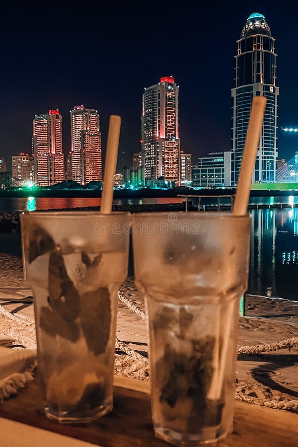 Drinks with the View Doha Skyline Stock Image - Image of mojitos ...