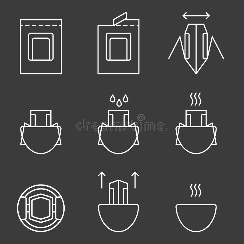Drip Coffee Bag for Easy Brewing in a Cup. Set of Vector Icons, Black Isolated Illustration on ...