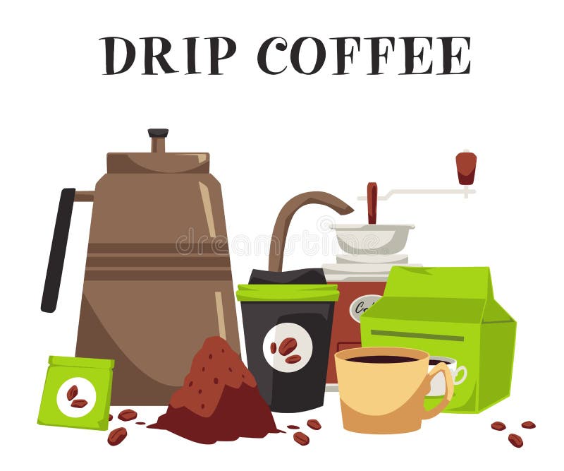 Drip Coffee Card with Brewing Accessories and Utensils Flat Vector ...