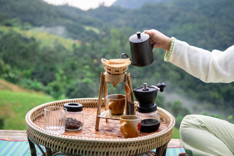 Drip Coffee Set Morning a Mountain View Stock Photo - Image of tourism ...