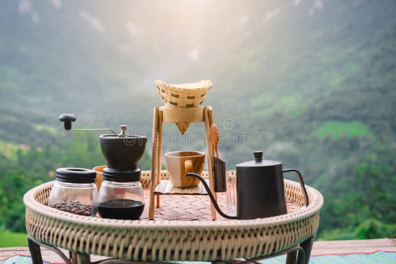Drip Coffee Set Morning a Mountain View Stock Image - Image of grinder ...