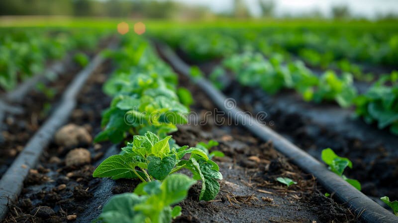 Drip Irrigation Lines Running through Rows of Crops in a Farmland ...