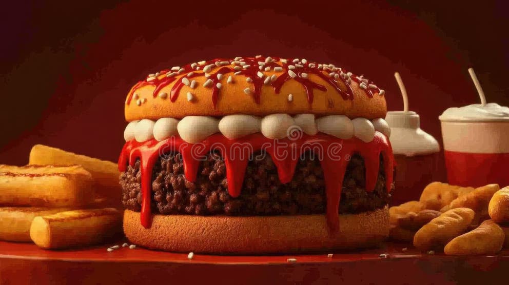 Dripping Burger with Fries stock illustration. Illustration of junk ...