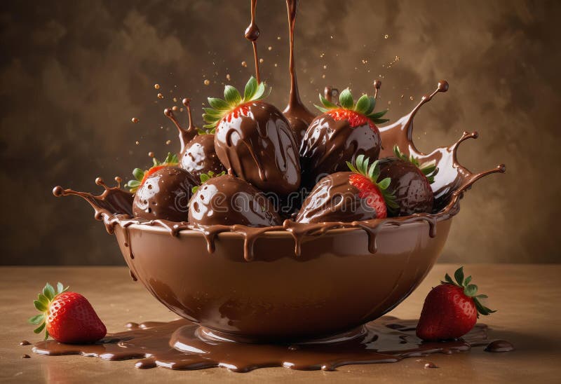 Dripping Chocolate Covered Strawberries Splashing into Chocolate Bowl ...