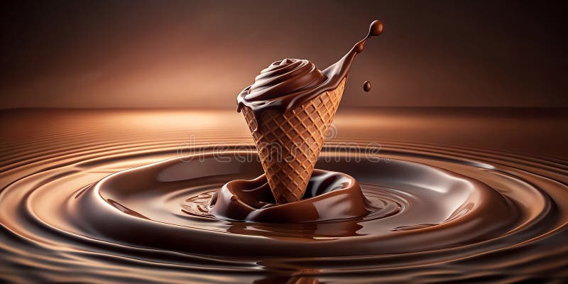 Dripping, Chocolate Ice Cream Cone Falls into Deep, Glossy Chocolate ...