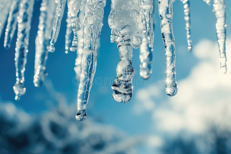 Dripping Icicles on Blue Background, Many Melting Icicles, Clean Water ...