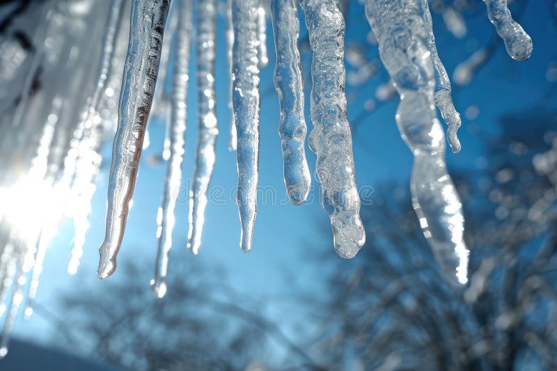 Dripping Icicles on Blue Background, Many Melting Icicles, Clean Water ...