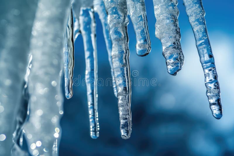 Dripping Icicles on Blue Background, Many Melting Icicles, Clean Water ...
