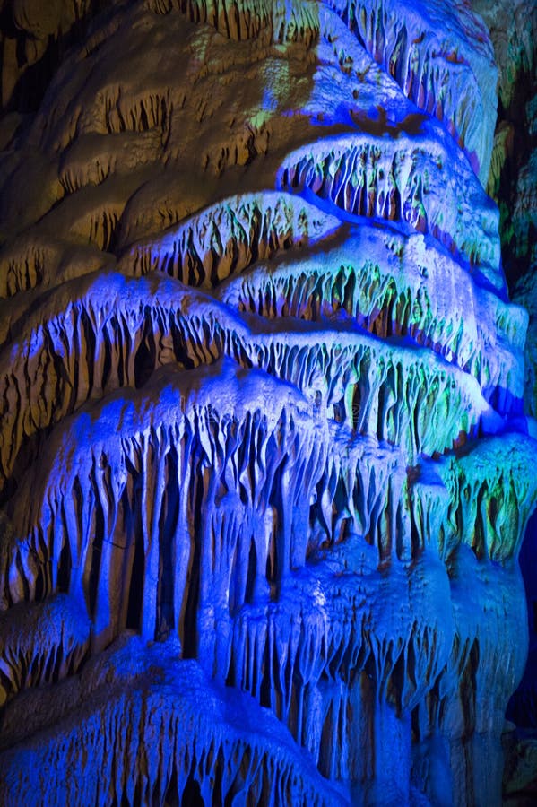 Dripstone Cave, Reed Flute Cave, Ludi Yan, Guilin, Guangxi, China. Blue ...