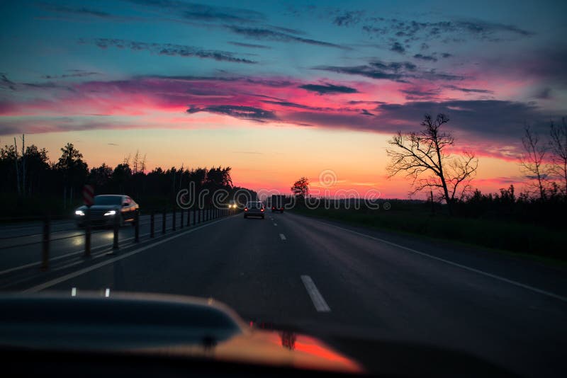 Drive Car at Beautiful Sunset. Nature Landscape Stock Photo - Image of ...